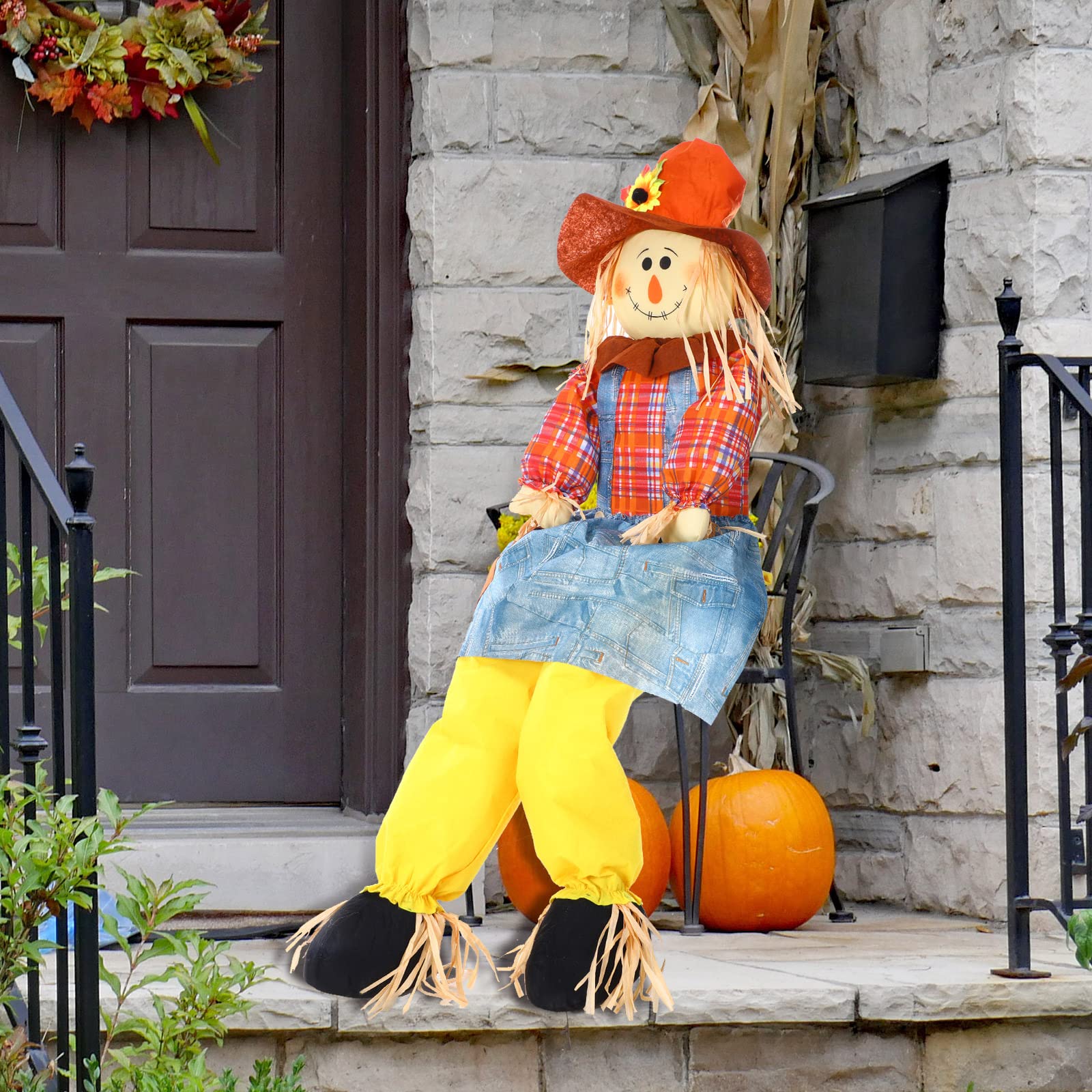 Shappy 60 Inch Large Fall Scarecrow Sitter Halloween Decoration Country Charm Harvest Outdoor Indoor Bird Scare Sitting Scarecrow for Garden Home Yard, Boy Style