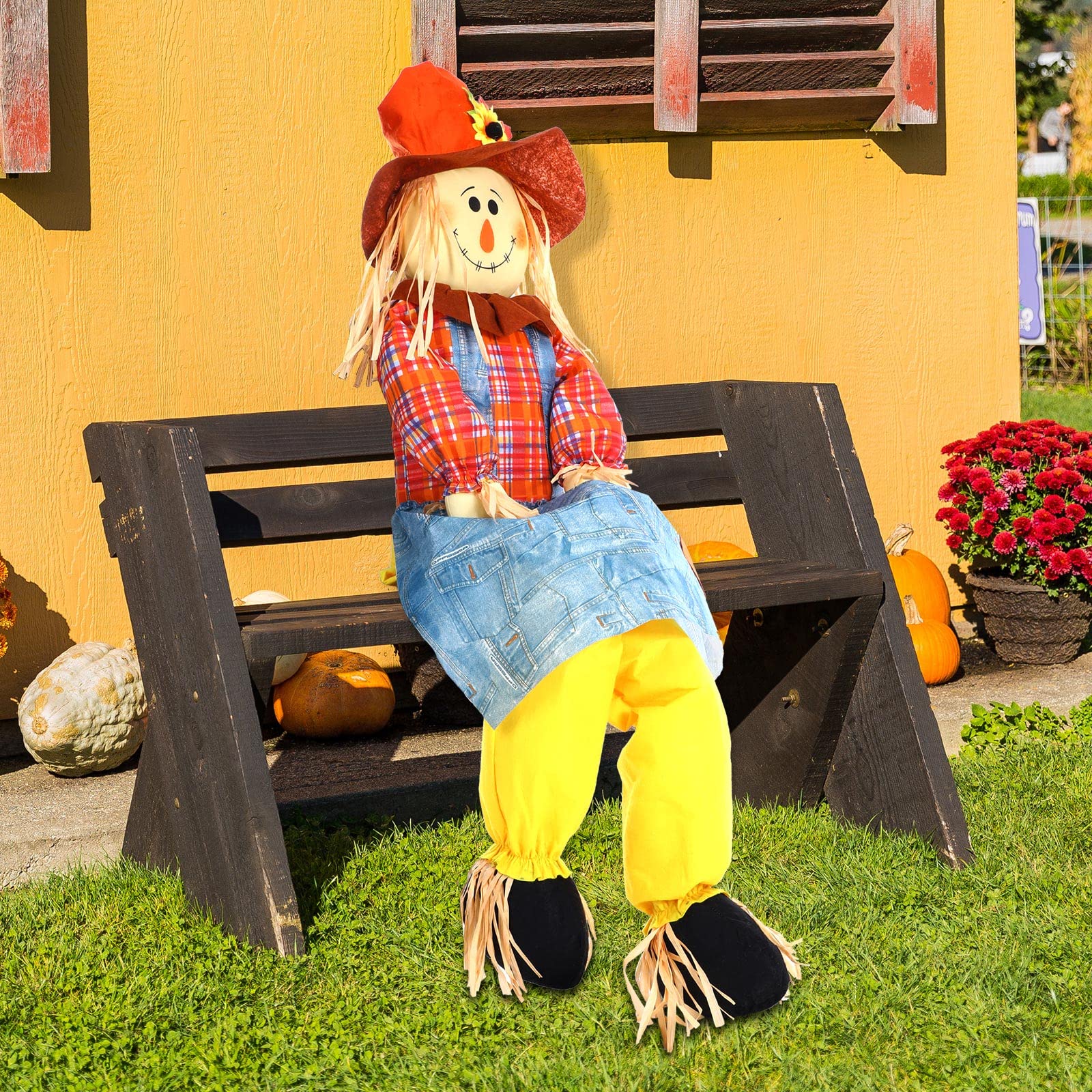 Shappy 60 Inch Large Fall Scarecrow Sitter Halloween Decoration Country Charm Harvest Outdoor Indoor Bird Scare Sitting Scarecrow for Garden Home Yard, Boy Style