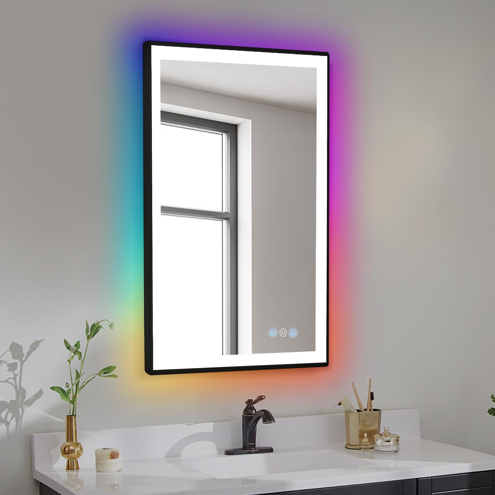 Rhea Arcas 28 x 20 LED Front Backlit for Bathroom Mirror,Vanity Mirror with Lights,Anti-Fog,Dimmable 3000K to 6000K,Touch Button,Water Proof,Horizontal/Vertical,Lighted Wall Mounted,Espejo para baño