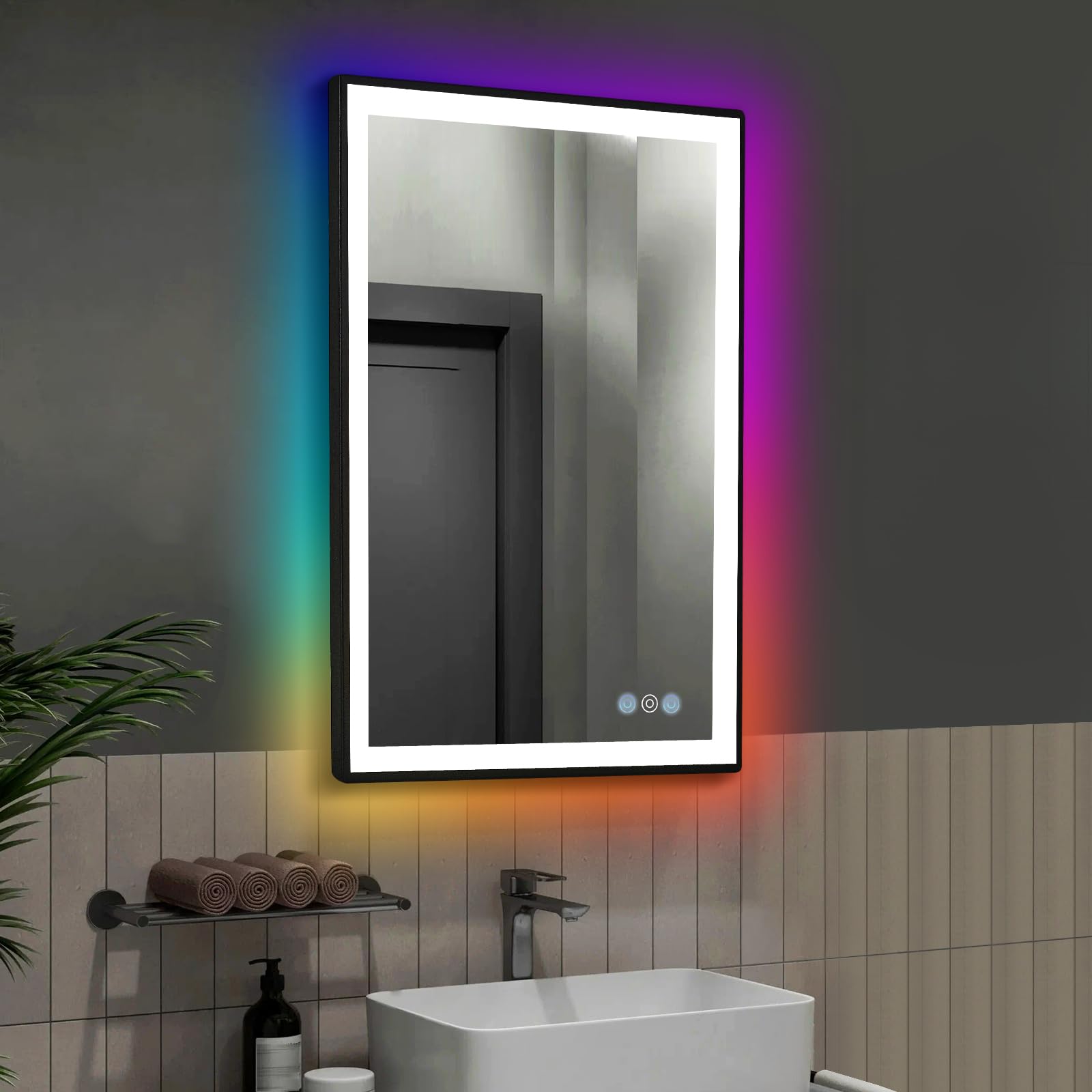 Rhea Arcas 28 x 20 LED Front Backlit for Bathroom Mirror,Vanity Mirror with Lights,Anti-Fog,Dimmable 3000K to 6000K,Touch Button,Water Proof,Horizontal/Vertical,Lighted Wall Mounted,Espejo para baño