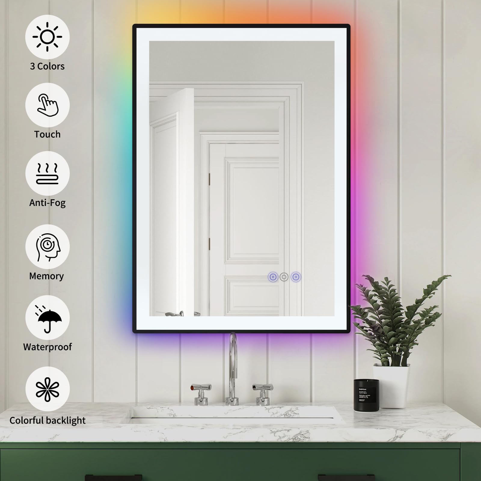 Rhea Arcas 28 x 20 LED Front Backlit for Bathroom Mirror,Vanity Mirror with Lights,Anti-Fog,Dimmable 3000K to 6000K,Touch Button,Water Proof,Horizontal/Vertical,Lighted Wall Mounted,Espejo para baño