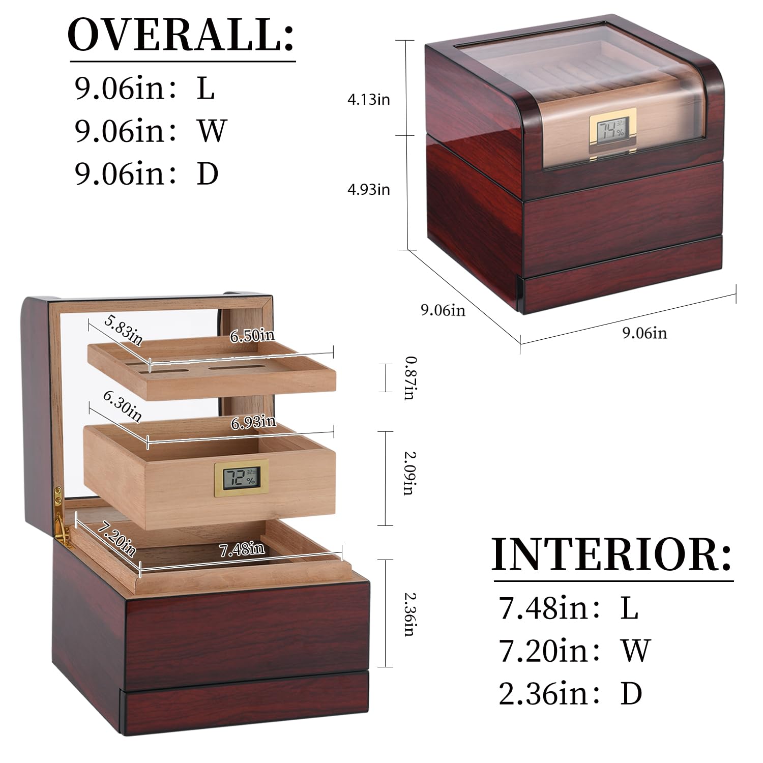 Hecai Wood Box Spanish Cedar Wood Storage Box Transparent Top Wood Case with Digital Hygrometer and Humidifiers-Hold up to 25-60 Counts