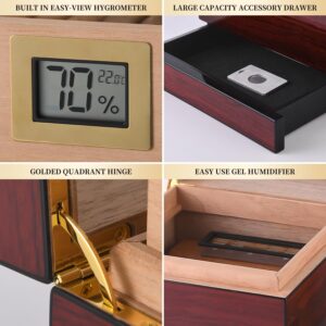 Hecai Wood Box Spanish Cedar Wood Storage Box Transparent Top Wood Case with Digital Hygrometer and Humidifiers-Hold up to 25-60 Counts