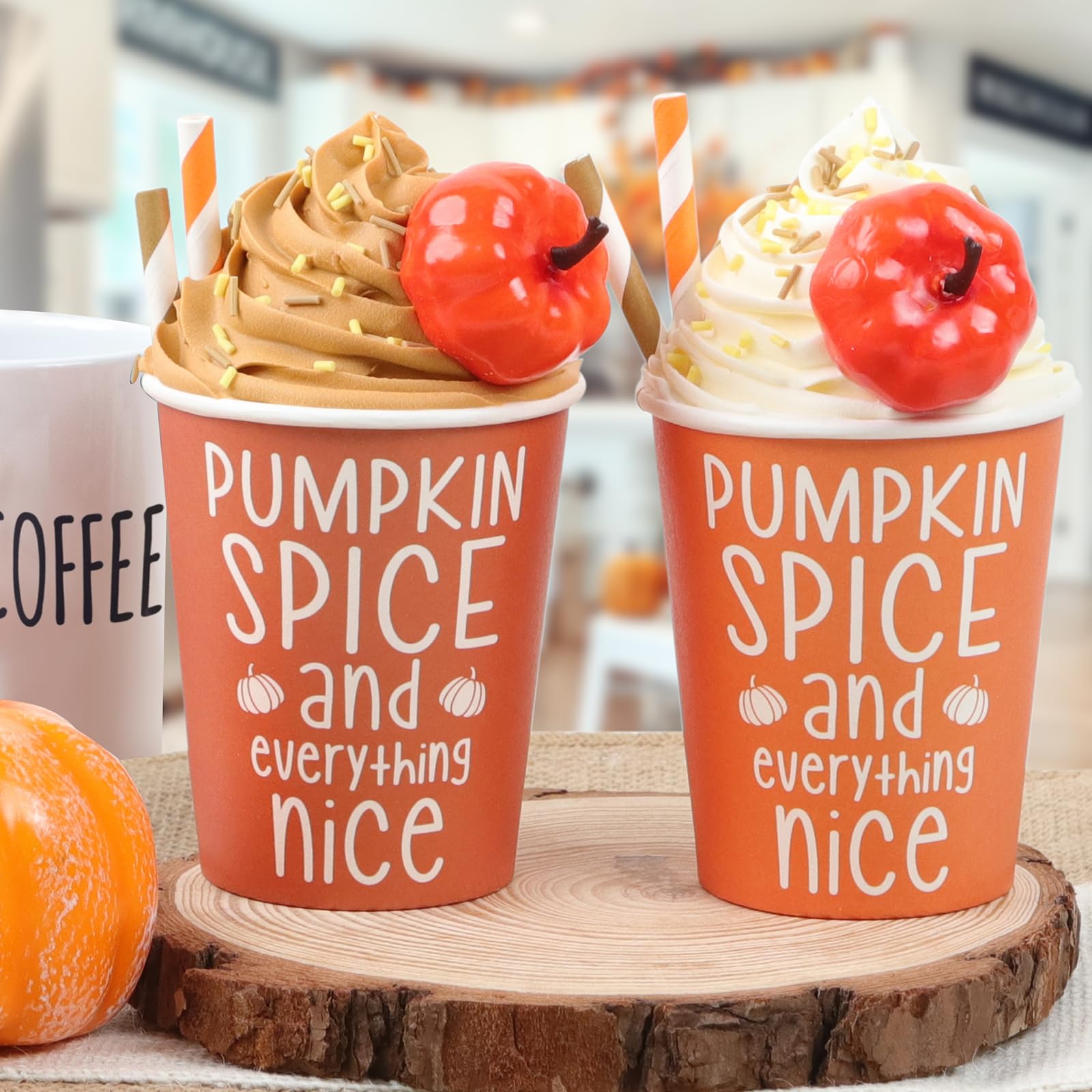 FestalMart Fall Decor-Fall Decorations for Home-2 PCS Mini Pumpkin Spice Latte Cups with Faux Whipped Cream-Autumn Tiered Tray Farmhouse Thanksgiving Fireplace Tabletop Indoor Decor