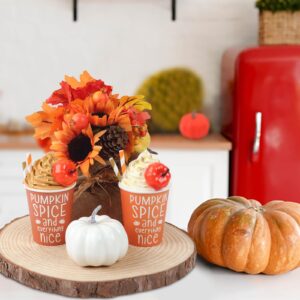 FestalMart Fall Decor-Fall Decorations for Home-2 PCS Mini Pumpkin Spice Latte Cups with Faux Whipped Cream-Autumn Tiered Tray Farmhouse Thanksgiving Fireplace Tabletop Indoor Decor