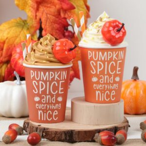 FestalMart Fall Decor-Fall Decorations for Home-2 PCS Mini Pumpkin Spice Latte Cups with Faux Whipped Cream-Autumn Tiered Tray Farmhouse Thanksgiving Fireplace Tabletop Indoor Decor