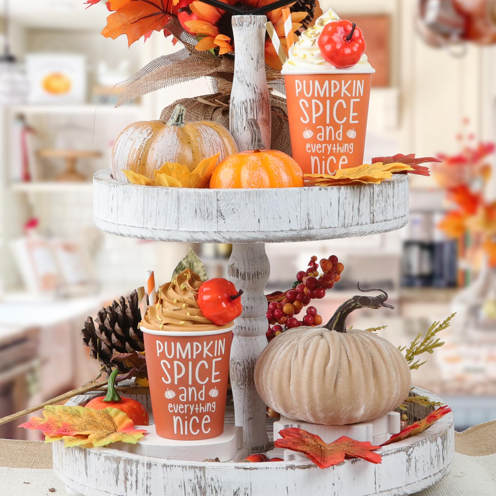 FestalMart Fall Decor-Fall Decorations for Home-2 PCS Mini Pumpkin Spice Latte Cups with Faux Whipped Cream-Autumn Tiered Tray Farmhouse Thanksgiving Fireplace Tabletop Indoor Decor