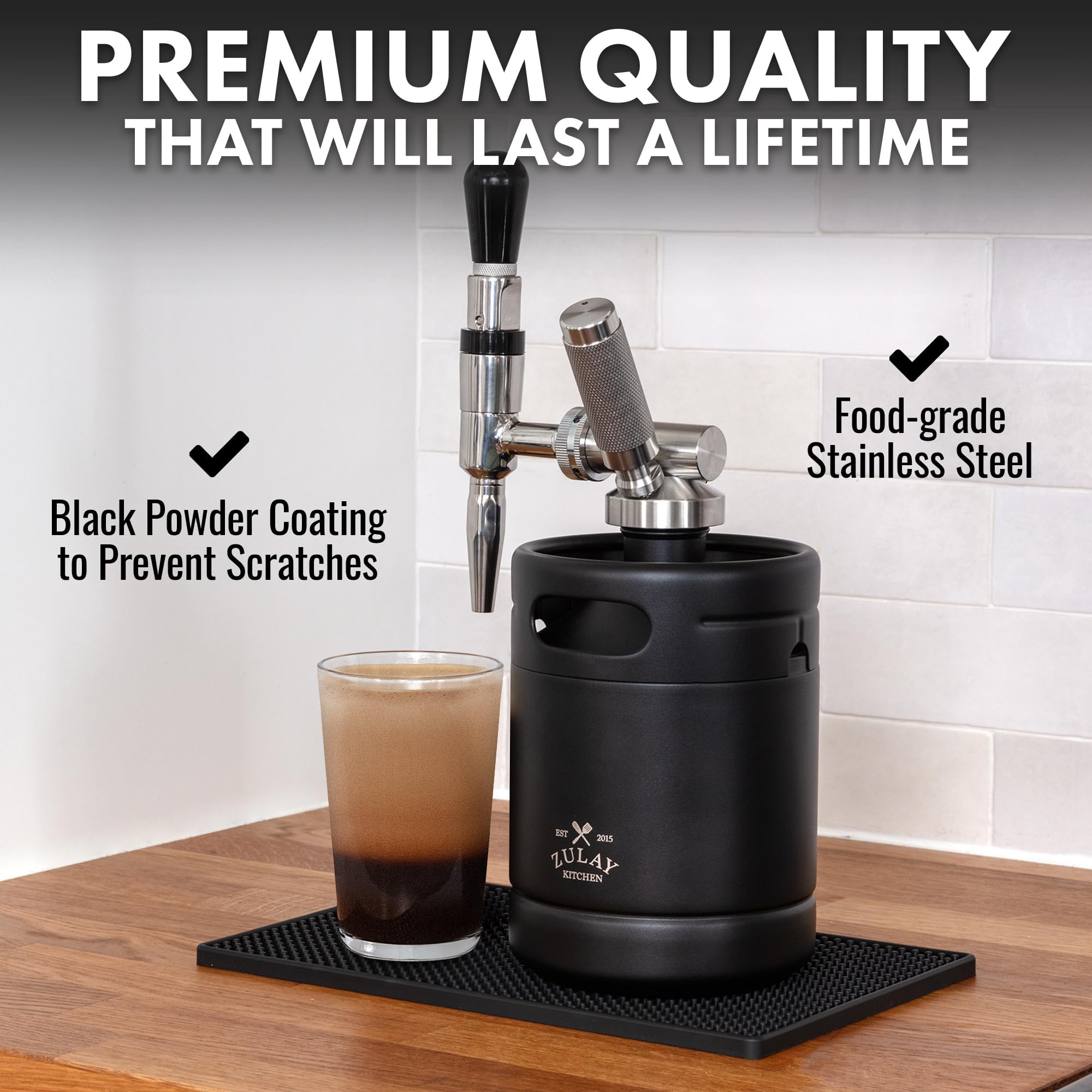 Zulay Nitro Cold Brew Coffee Maker - Gift for Coffee Lovers - Large 64 oz Home Keg - Nitro Cold Brew Keg with Creamer Faucet - Nitro Cold Brew Coffee Maker for Home - Collapsible Funnel & Drip Mat