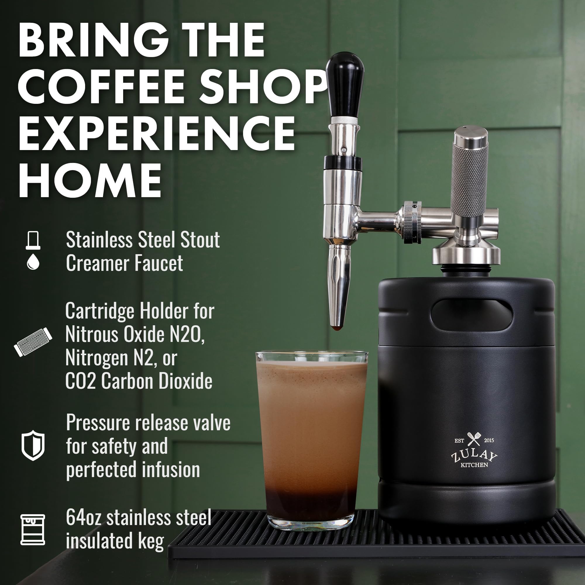 Zulay Nitro Cold Brew Coffee Maker - Gift for Coffee Lovers - Large 64 oz Home Keg - Nitro Cold Brew Keg with Creamer Faucet - Nitro Cold Brew Coffee Maker for Home - Collapsible Funnel & Drip Mat