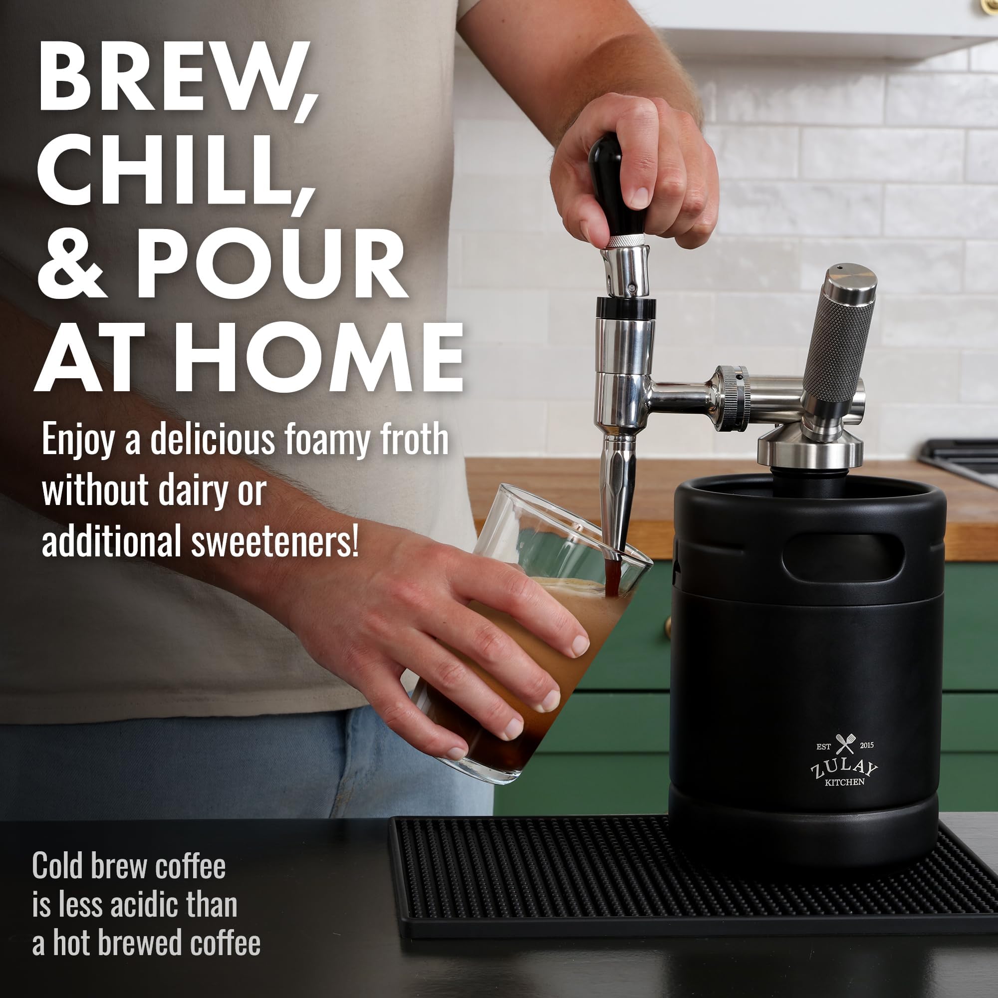 Zulay Nitro Cold Brew Coffee Maker - Gift for Coffee Lovers - Large 64 oz Home Keg - Nitro Cold Brew Keg with Creamer Faucet - Nitro Cold Brew Coffee Maker for Home - Collapsible Funnel & Drip Mat