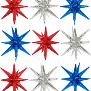 9PCS Blue Red White Explosion Balloons for Independence Day - 22" 4th of July Spike Starburst Star Cone Balloon - American Memorial Day Foil Balloon for Patriotic Party Decorations