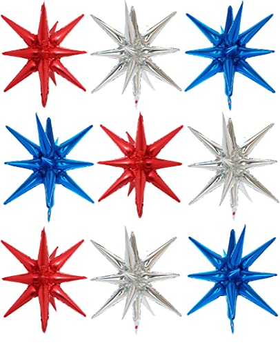 9PCS Blue Red White Explosion Balloons for Independence Day - 22" 4th of July Spike Starburst Star Cone Balloon - American Memorial Day Foil Balloon for Patriotic Party Decorations