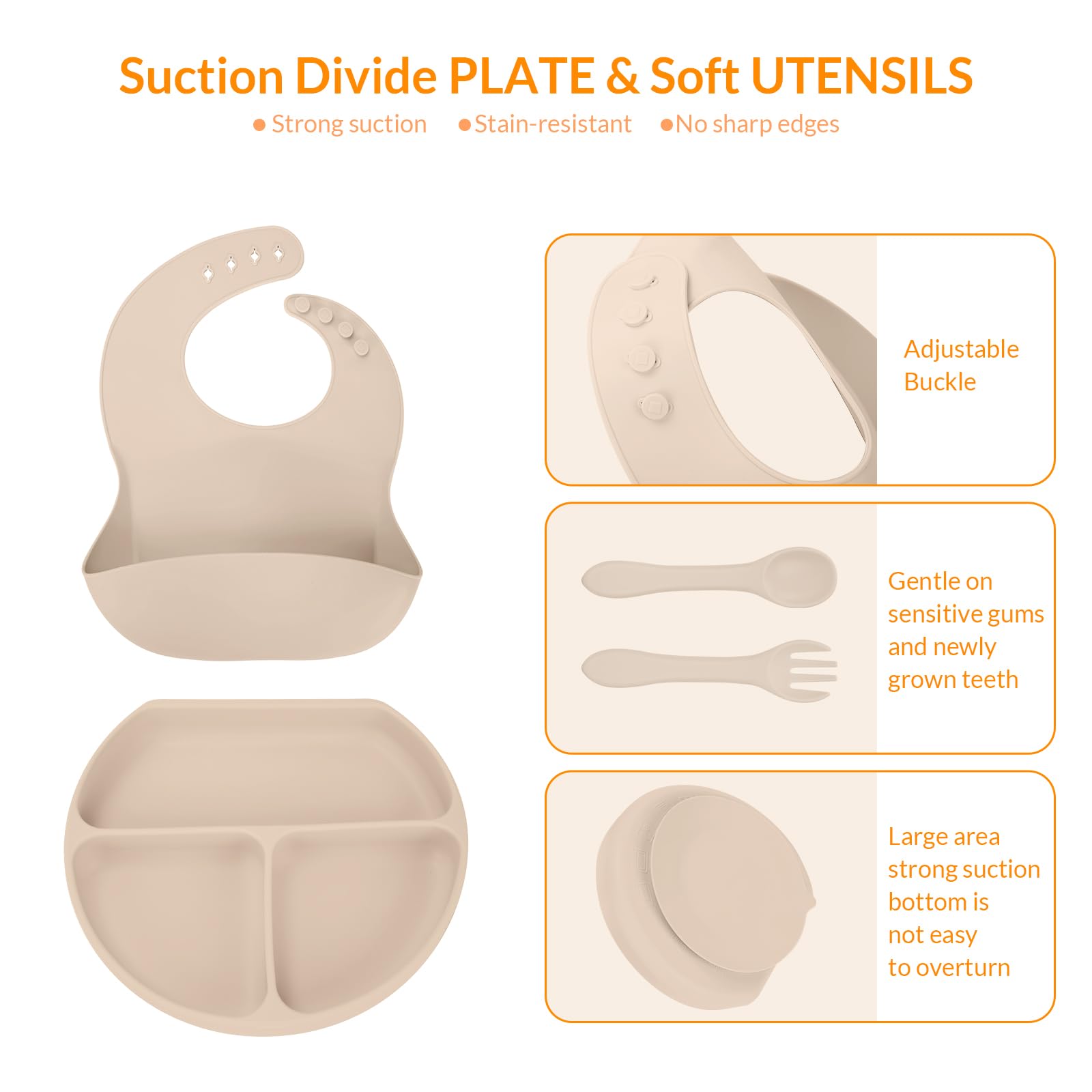 Silicone Baby Feeding Set - REIKTLUD Baby Led Weaning Supplies - Silicone Suction Bowls Divided Plates, Sippy and Snack Cup - Toddler Self Feeding Eating Utensils Set Bib, Spoons, Fork (Grayish-white)