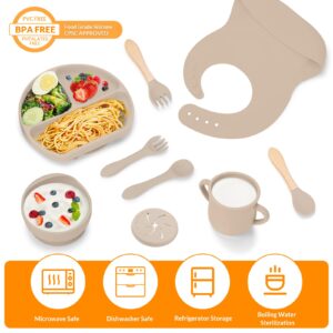 Silicone Baby Feeding Set - REIKTLUD Baby Led Weaning Supplies - Silicone Suction Bowls Divided Plates, Sippy and Snack Cup - Toddler Self Feeding Eating Utensils Set Bib, Spoons, Fork (Grayish-white)