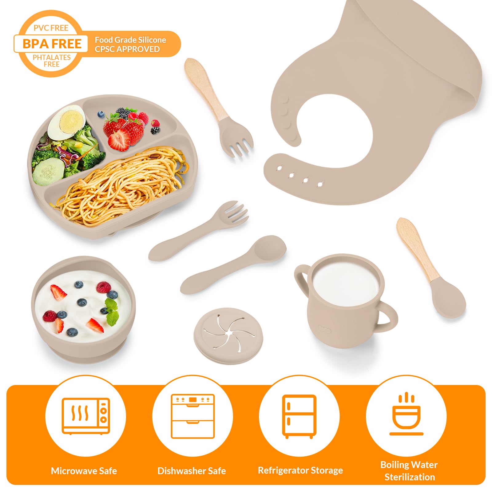 Silicone Baby Feeding Set - REIKTLUD Baby Led Weaning Supplies - Silicone Suction Bowls Divided Plates, Sippy and Snack Cup - Toddler Self Feeding Eating Utensils Set Bib, Spoons, Fork (Grayish-white)