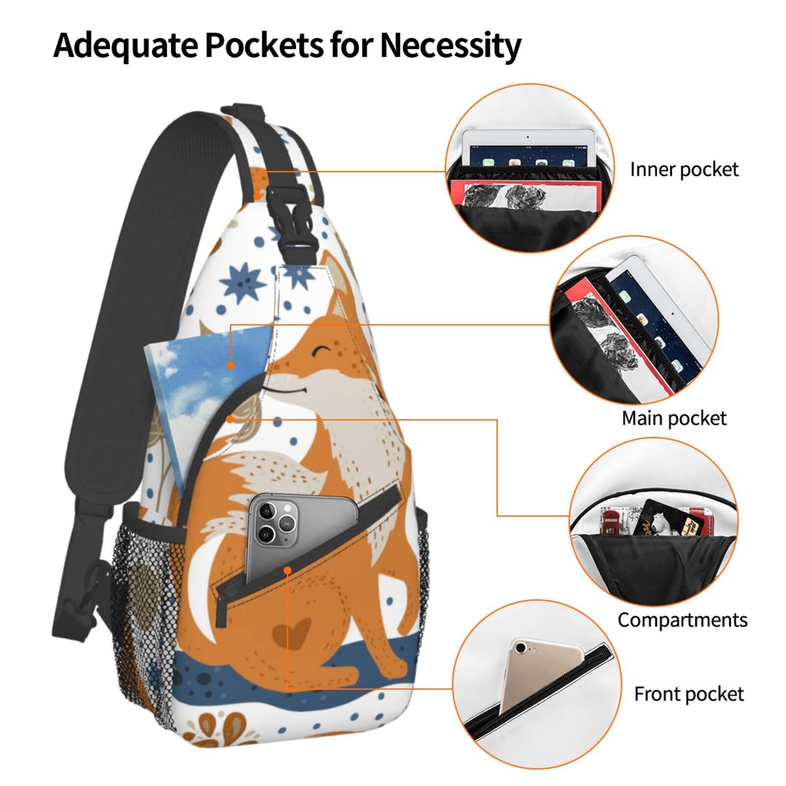 Fox Sling Bag, Chest Bag Daypack, Crossbody Sling Backpack for Travel Sports Running Hiking