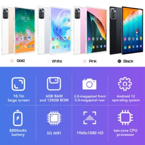 Tablets Tablets 101in Tablet for Android 12 Gold 5G WiFi Calling 6GB 128GB 1960x1080 Resolution MT6592 10 Cores Tablet 100‑240V US Plug