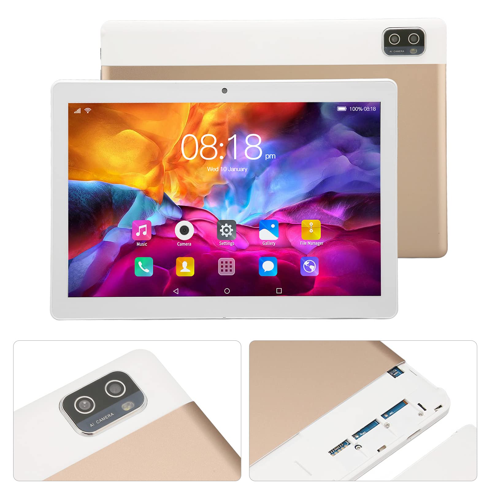 Tablets Tablets 101in Tablet for Android 12 Gold 5G WiFi Calling 6GB 128GB 1960x1080 Resolution MT6592 10 Cores Tablet 100‑240V US Plug