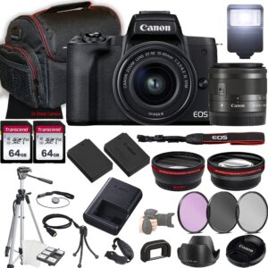 canon eos m50 mark ii mirrorless camera w/ef-m 15-45mm f/3.5-6.3 is stm lens + 2x 64gb memory + case + filters + tripod + more (35pc bundle) (renewed)