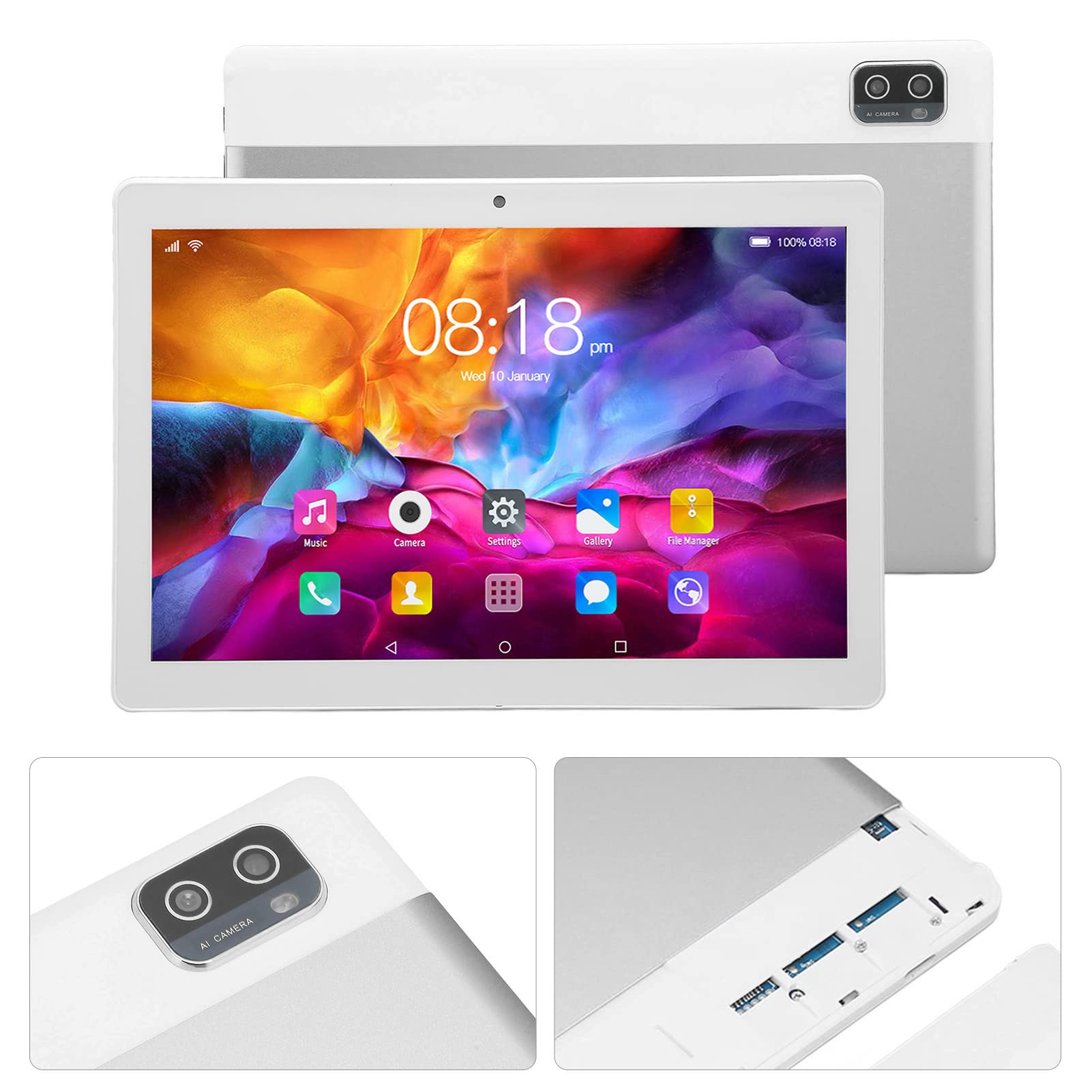 asixxsix Tablet 101 inch Tablet Android 12 6gb ram Tablets 101in Tablet Silver 5G WiFi Calling for Android 12 6GB 128GB 1960x1080 Resolution MT6592 10 Cores Tablet 100‑240V US Plug