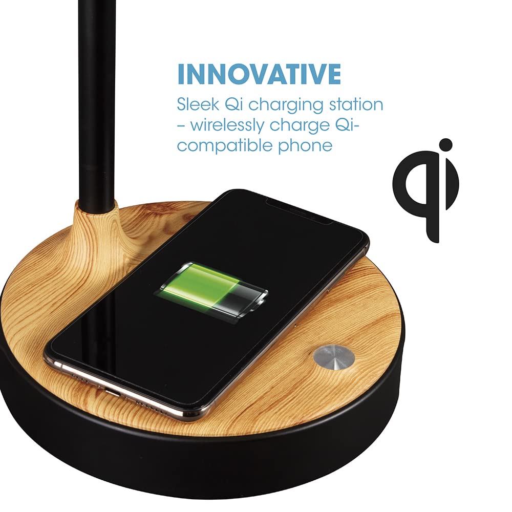 OttLite Wellness Series Wireless Charging LED Table Lamp, Black with Woodgrain Accents…