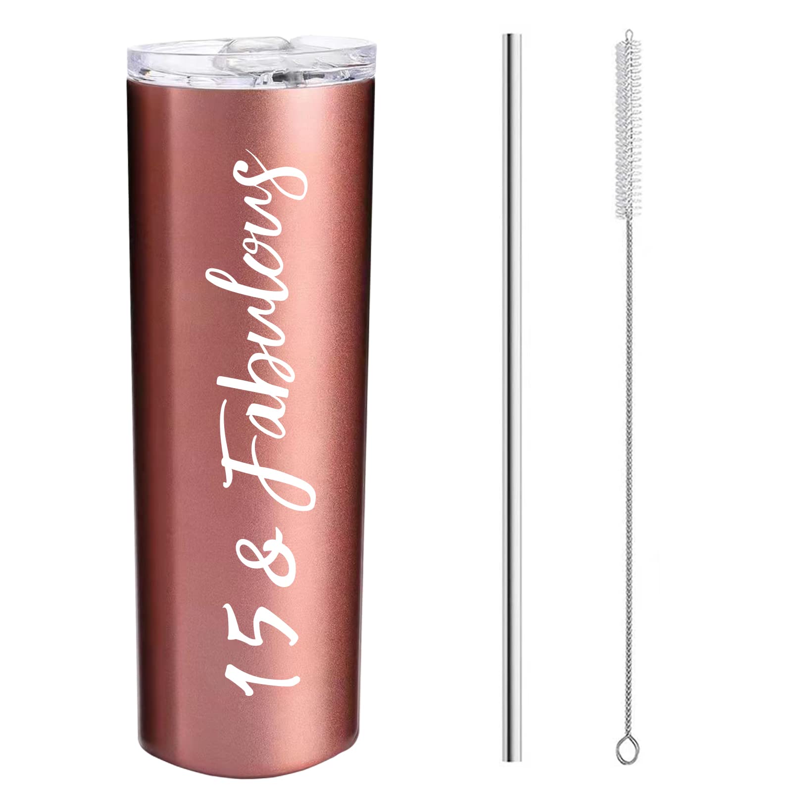 BRT Bearingshui 15th & Fabulous Stainless Steel Tumbler Cup Rose Gold 20 Oz, 15 Birthday Party Decorations Supplies Present, 15 Birthday Gifts Idea for Girl, Gifts for 15 Years Old Girl