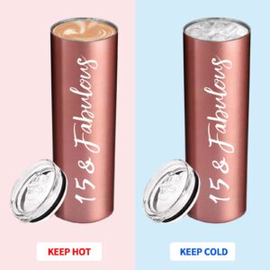 BRT Bearingshui 15th & Fabulous Stainless Steel Tumbler Cup Rose Gold 20 Oz, 15 Birthday Party Decorations Supplies Present, 15 Birthday Gifts Idea for Girl, Gifts for 15 Years Old Girl