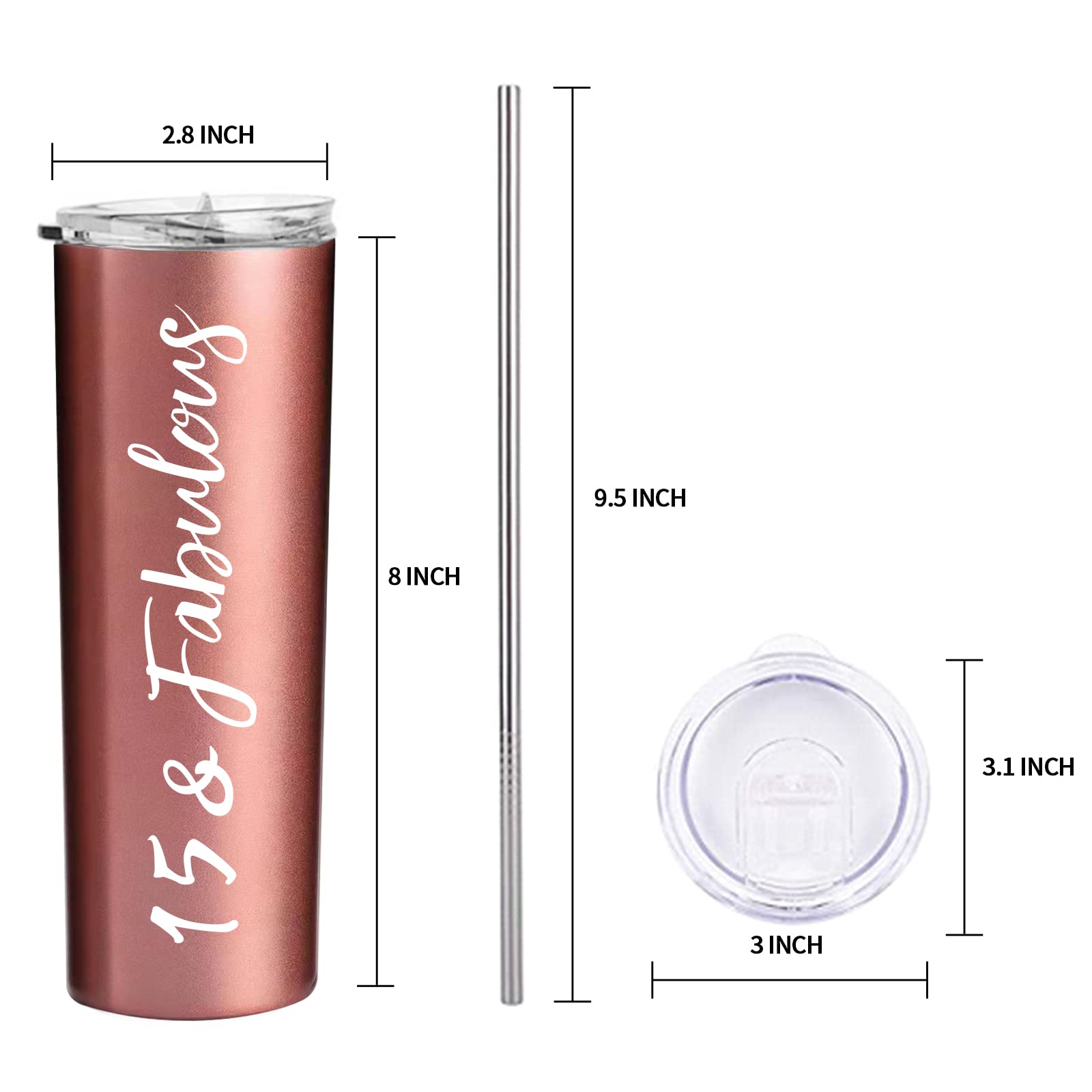 BRT Bearingshui 15th & Fabulous Stainless Steel Tumbler Cup Rose Gold 20 Oz, 15 Birthday Party Decorations Supplies Present, 15 Birthday Gifts Idea for Girl, Gifts for 15 Years Old Girl