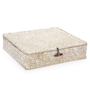 Hipiwe Seagrass Storage Bins with Lid Large Wicker Basket Box for Shelf Organizing Flat Woven Shelf Basket Bin Home Decorative Baskets for Closet Bedroom, Whitewash