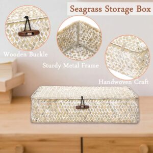 Hipiwe Seagrass Storage Bins with Lid Large Wicker Basket Box for Shelf Organizing Flat Woven Shelf Basket Bin Home Decorative Baskets for Closet Bedroom, Whitewash