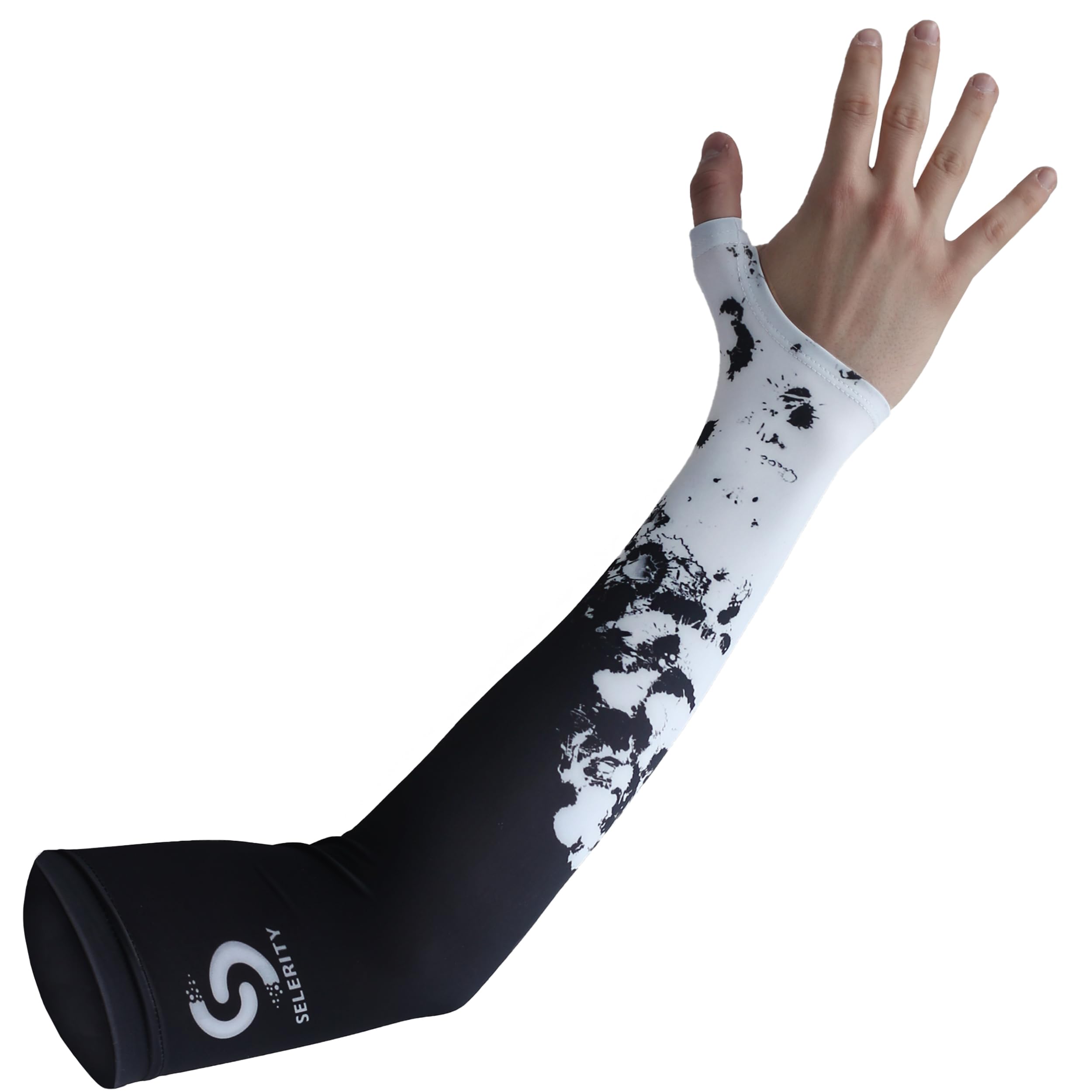 Selerity Gaming Arm Sleeve PC Sport open glove thumb hole esports gamers Paints Spray, White Black, Medium