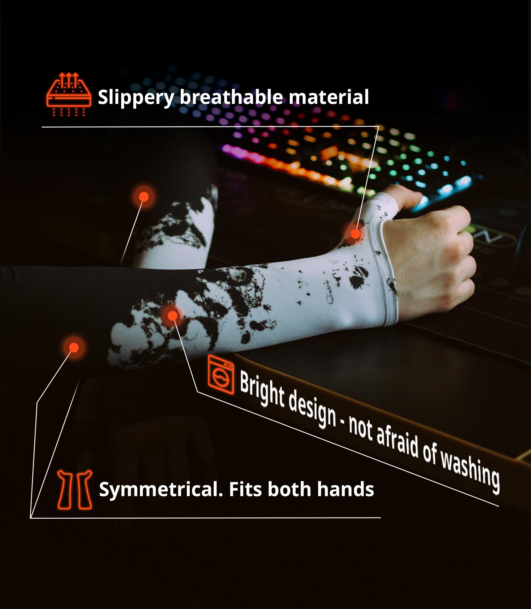 Selerity Gaming Arm Sleeve PC Sport open glove thumb hole esports gamers Paints Spray, White Black, Medium