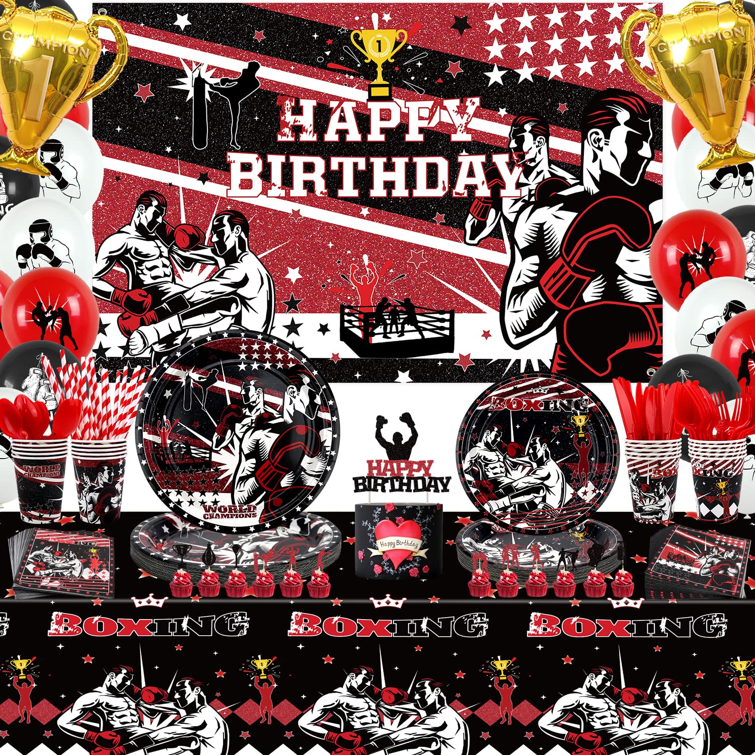 KEFAN Boxing Party decorations, Boxing birthday Party Supplies Packs, Fight Sports Wrestling Party Supplies including HAPPY BIRTHDAY Banner, Plates, Balloons, Boxing Party Set Serves 20 (Banner)