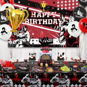 KEFAN Boxing Party decorations, Boxing birthday Party Supplies Packs, Fight Sports Wrestling Party Supplies including HAPPY BIRTHDAY Banner, Plates, Balloons, Boxing Party Set Serves 20 (Banner)