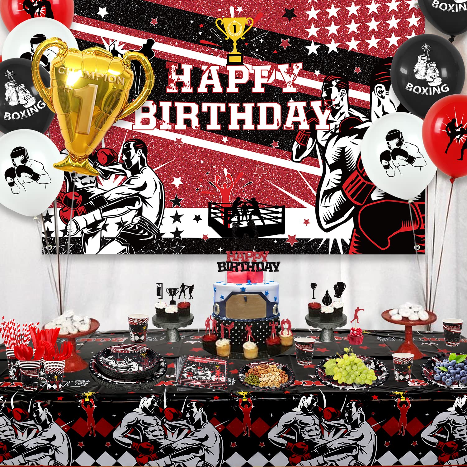 KEFAN Boxing Party decorations, Boxing birthday Party Supplies Packs, Fight Sports Wrestling Party Supplies including HAPPY BIRTHDAY Banner, Plates, Balloons, Boxing Party Set Serves 20 (Banner)