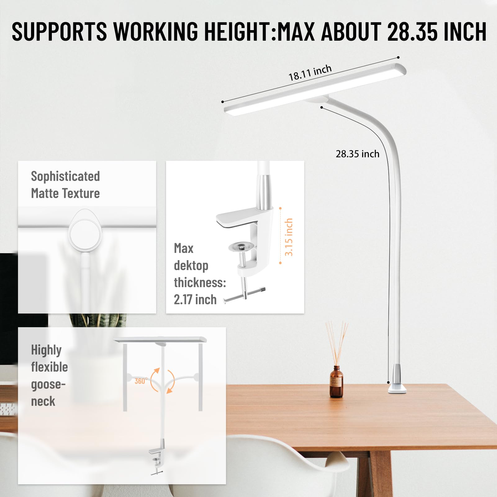 FOVOW LED Desk Lamp with Clamp, Eye-Caring Architect Desk Lamps for Home Office, 24W Ultra Bright LED 3 Modes 6 Brightness, Studio Work Lamp for Task,Remote Control Dimmable Table Light(White)