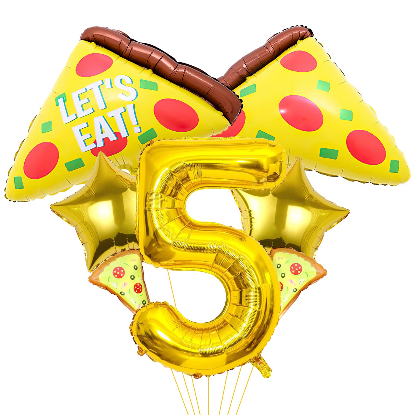 7pcs Pizza Balloons, Pizza Birthday Number Mylar Foil Balloon Pizza Slice Party Supplies Pizzaria Birthday Decorations (5th)