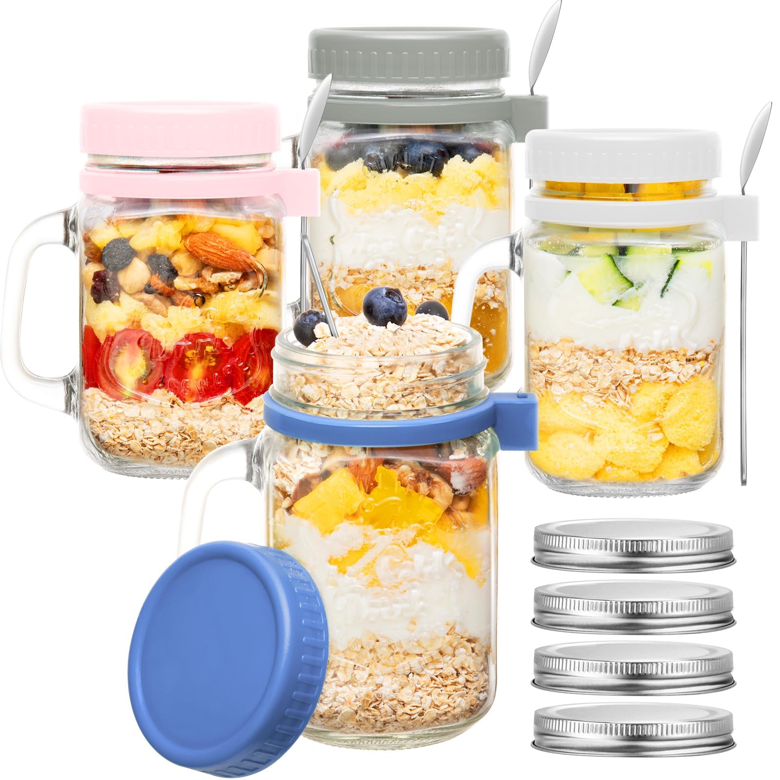 WANJOTEC Mason Jars 16 oz with Lids, 4 Pack Overnight Oats Containers with Lids and Handle, Breakfast On-the-Go Container Airtight Oatmeal Yogurt Container for Cereal,Salad,Milk