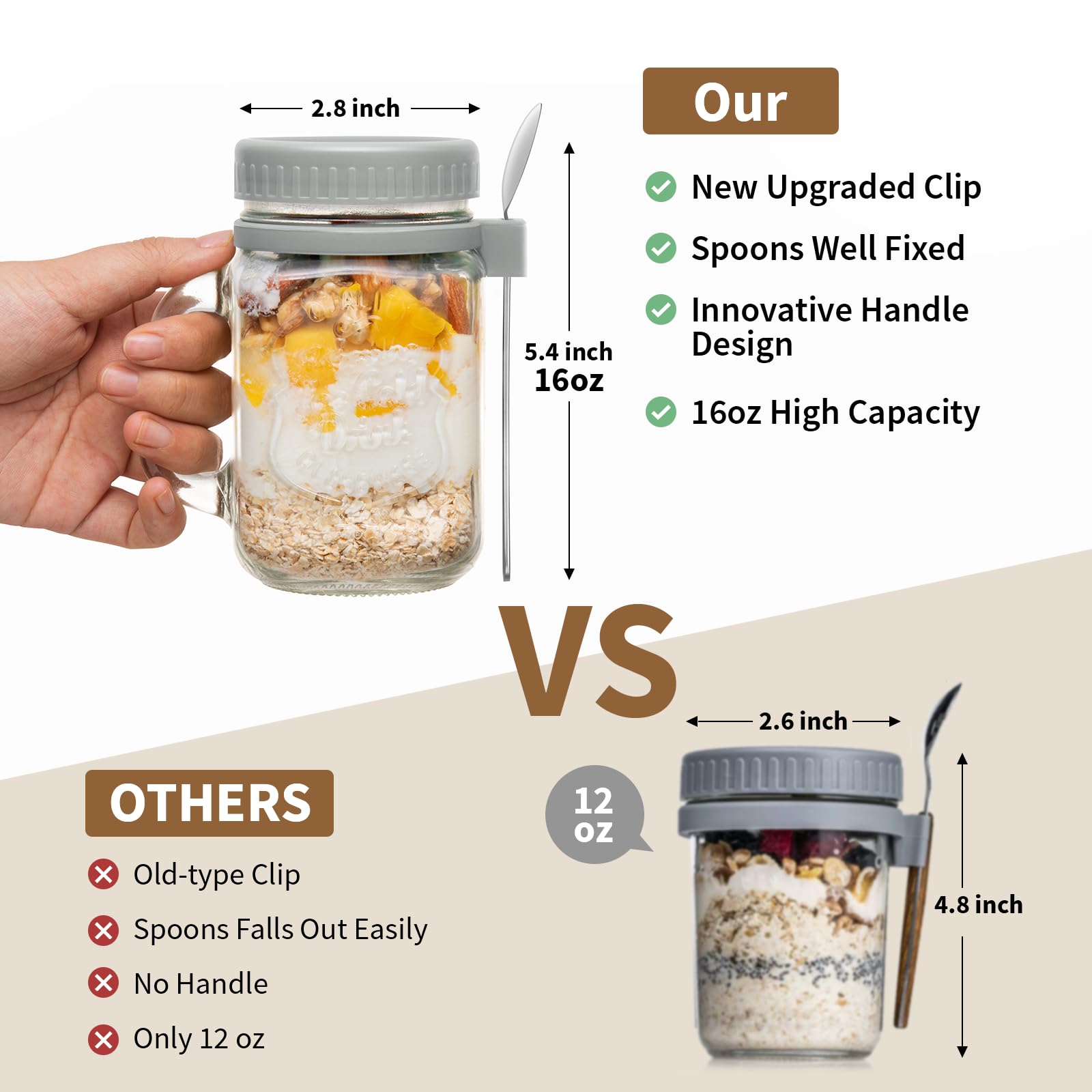 WANJOTEC Mason Jars 16 oz with Lids, 4 Pack Overnight Oats Containers with Lids and Handle, Breakfast On-the-Go Container Airtight Oatmeal Yogurt Container for Cereal,Salad,Milk