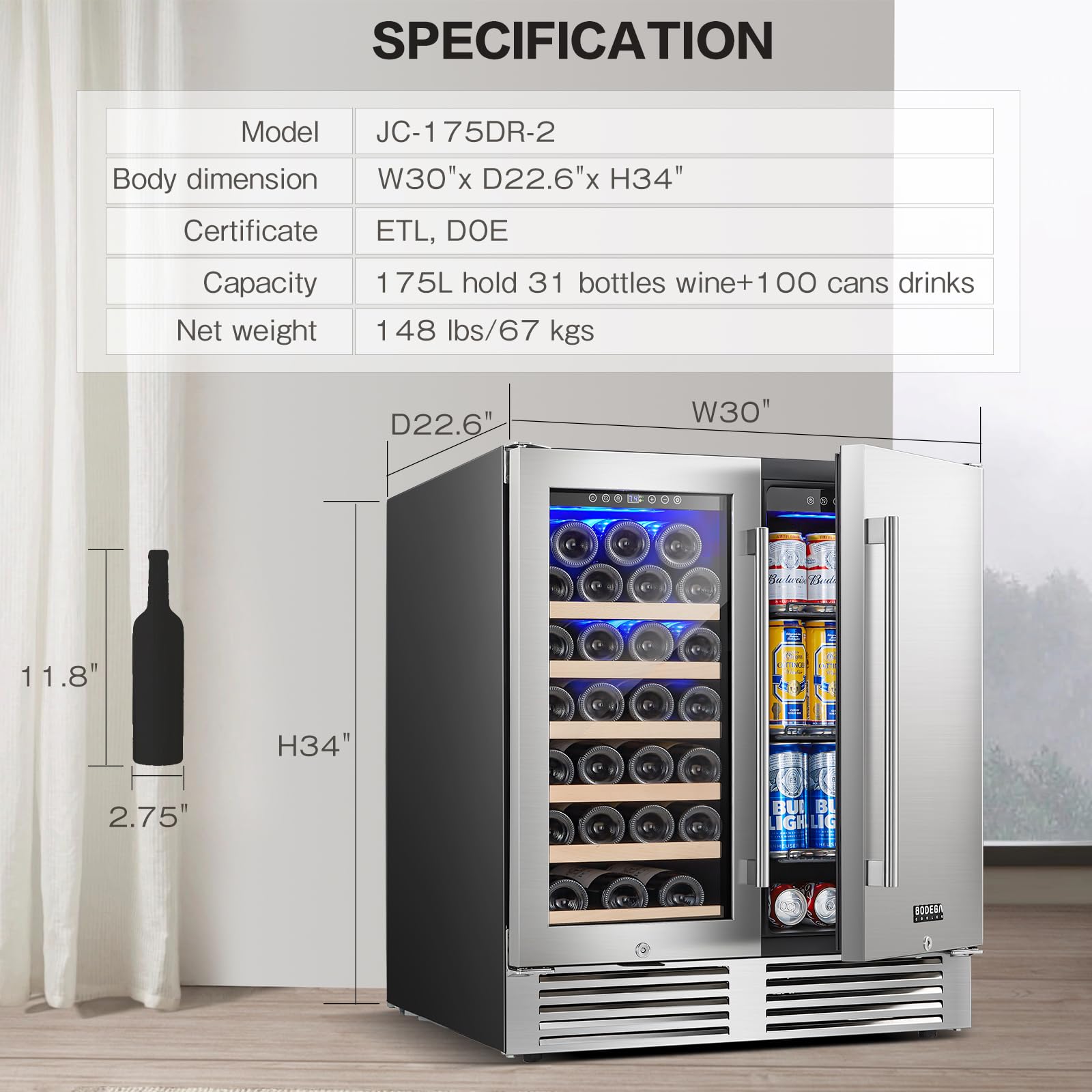 BODEGACOOLER 30 Inch Wine and Beverage Refrigerator,Dual Zone Wine Beverage Cooler with French Door,Under Counter Freestanding Wine Beer Fridge,Hold 31 Bottles and 100 Cans with Safety Locks