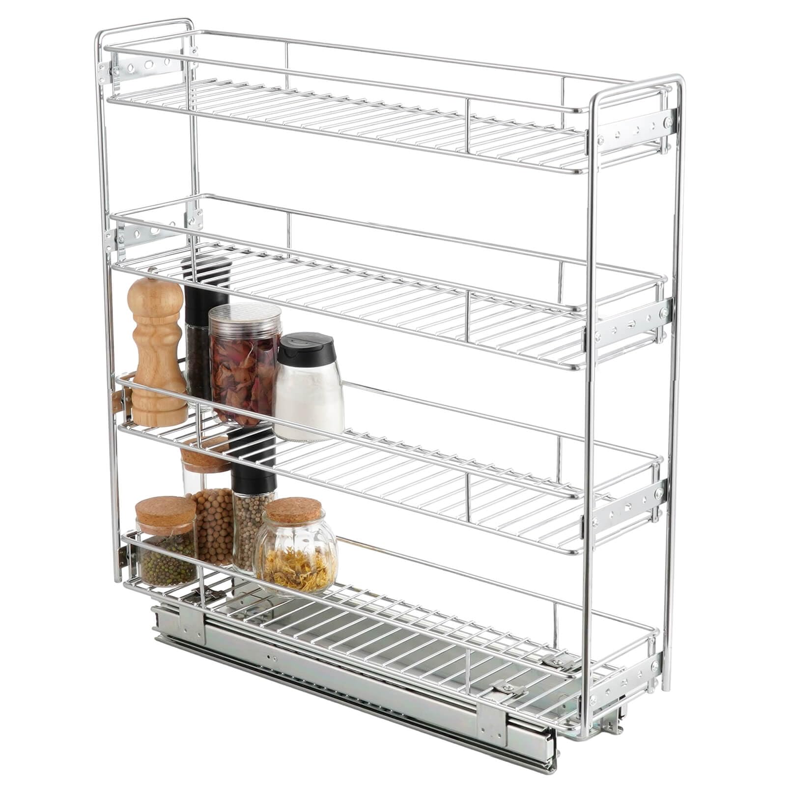 OCG 4-Tier Pull Out Kitchen Cabinet Spice Rack Holder Shelves (5" W x 21" D), Slide Out Slim Storage Wire Baskets for Storage Organization, Narrow Pull Out Storage for Narrow Space