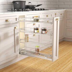 OCG 4-Tier Pull Out Kitchen Cabinet Spice Rack Holder Shelves (5" W x 21" D), Slide Out Slim Storage Wire Baskets for Storage Organization, Narrow Pull Out Storage for Narrow Space