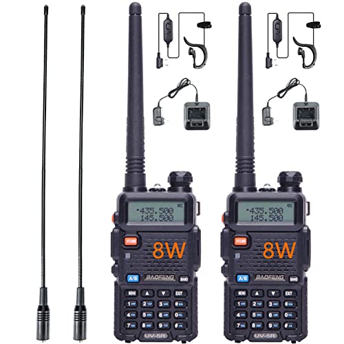 2 Pack Baofeng UV-5R 8W Ham Radio Handheld Two Way Radios Amateur Dual Band VHF UHF Military Long Range Walkie Talkies for Adults with High Gain Antenna, Rechargeable Battery, Earpiece