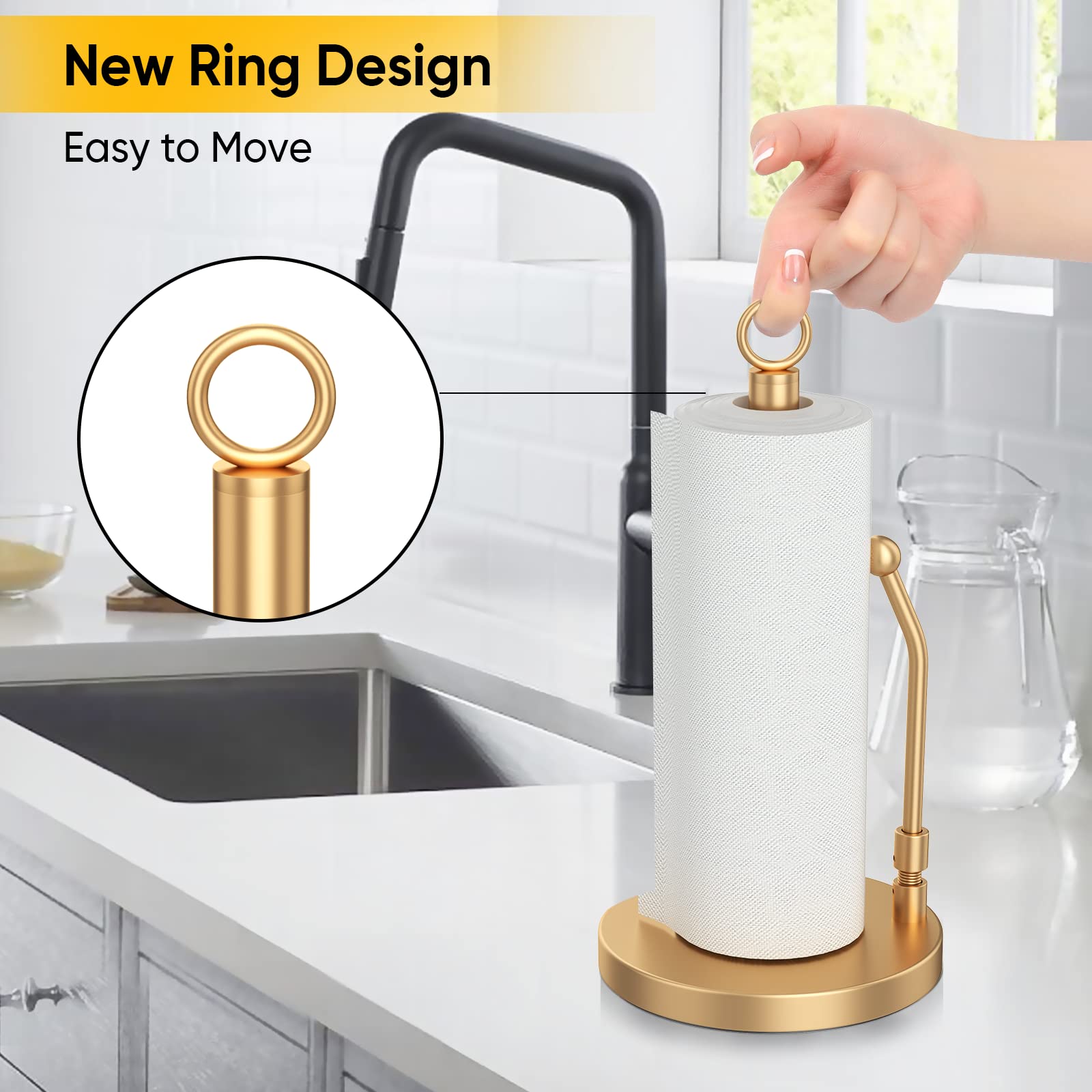 Paper Towel Holder Stainless Steel - One Hand Tear Paper Towel Dispenser Standing Weighted Base Non Slip, Spring Arm, Stainless Steel Paper Towel fits in Kitchen Bathroom Countertop (Gold)