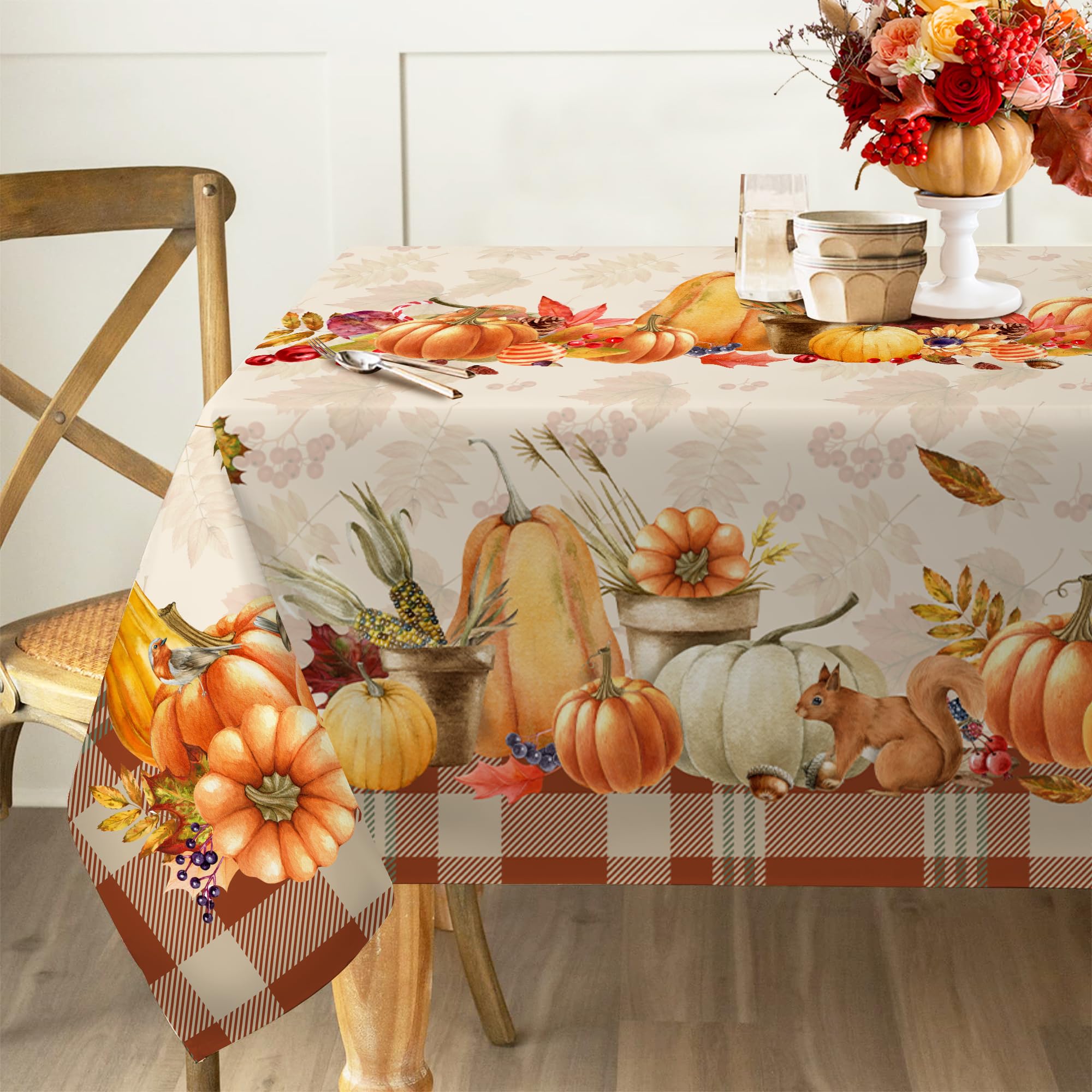 Hexagram Rectangle Thanksgiving Tablecloth with Countryside Leaves and Pumpkins Thankgiving Decorations, Printed Fall Tablecloth for Harvest, Thanksgiving Holiday and Parties Table Cover, 60x84 Inch