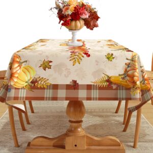 Hexagram Rectangle Thanksgiving Tablecloth with Countryside Leaves and Pumpkins Thankgiving Decorations, Printed Fall Tablecloth for Harvest, Thanksgiving Holiday and Parties Table Cover, 60x84 Inch