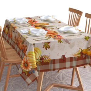 Hexagram Rectangle Thanksgiving Tablecloth with Countryside Leaves and Pumpkins Thankgiving Decorations, Printed Fall Tablecloth for Harvest, Thanksgiving Holiday and Parties Table Cover, 60x84 Inch