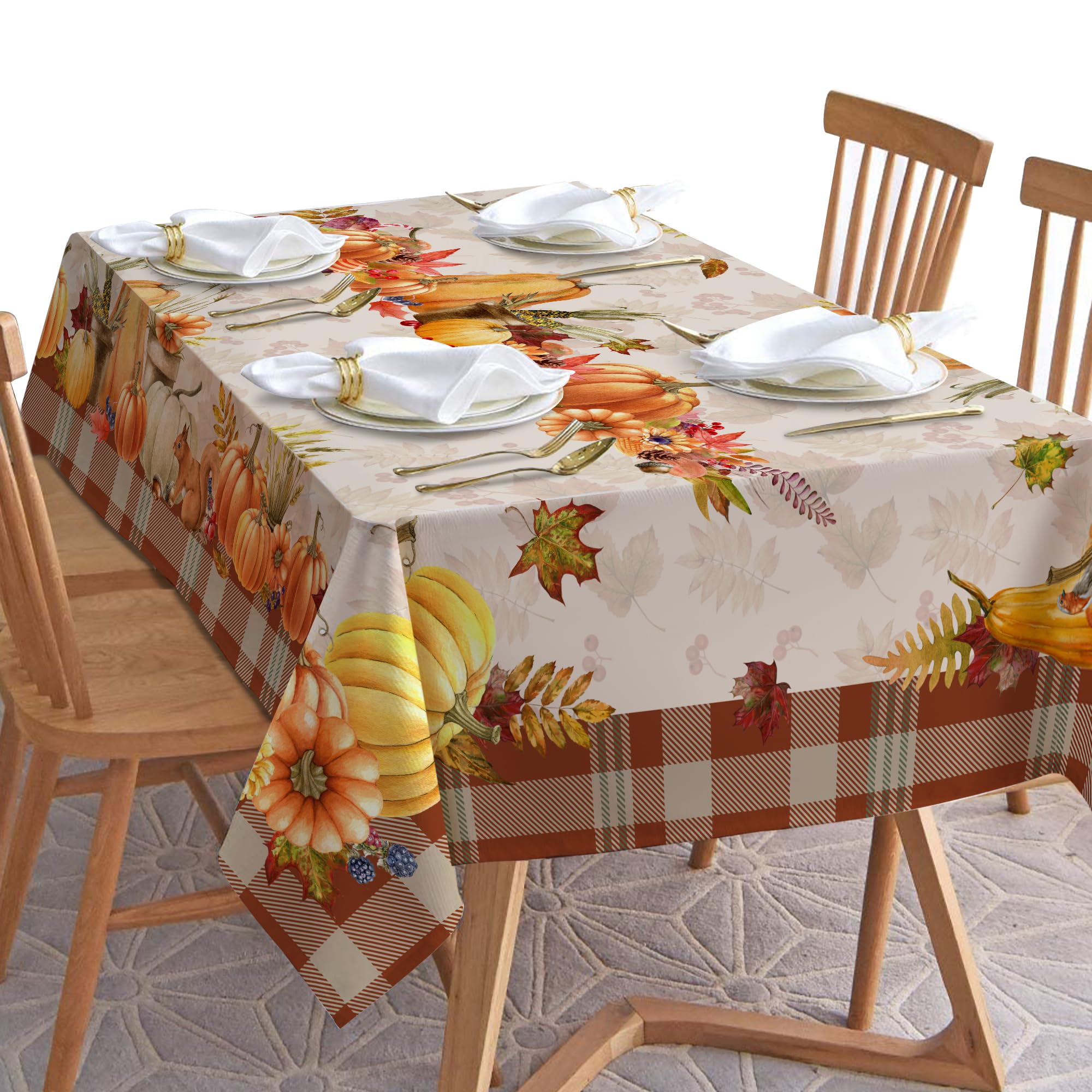 Hexagram Rectangle Thanksgiving Tablecloth with Countryside Leaves and Pumpkins Thankgiving Decorations, Printed Fall Tablecloth for Harvest, Thanksgiving Holiday and Parties Table Cover, 60x84 Inch