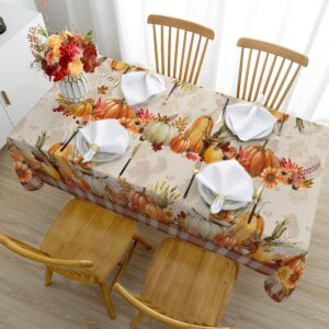 Hexagram Rectangle Thanksgiving Tablecloth with Countryside Leaves and Pumpkins Thankgiving Decorations, Printed Fall Tablecloth for Harvest, Thanksgiving Holiday and Parties Table Cover, 60x84 Inch