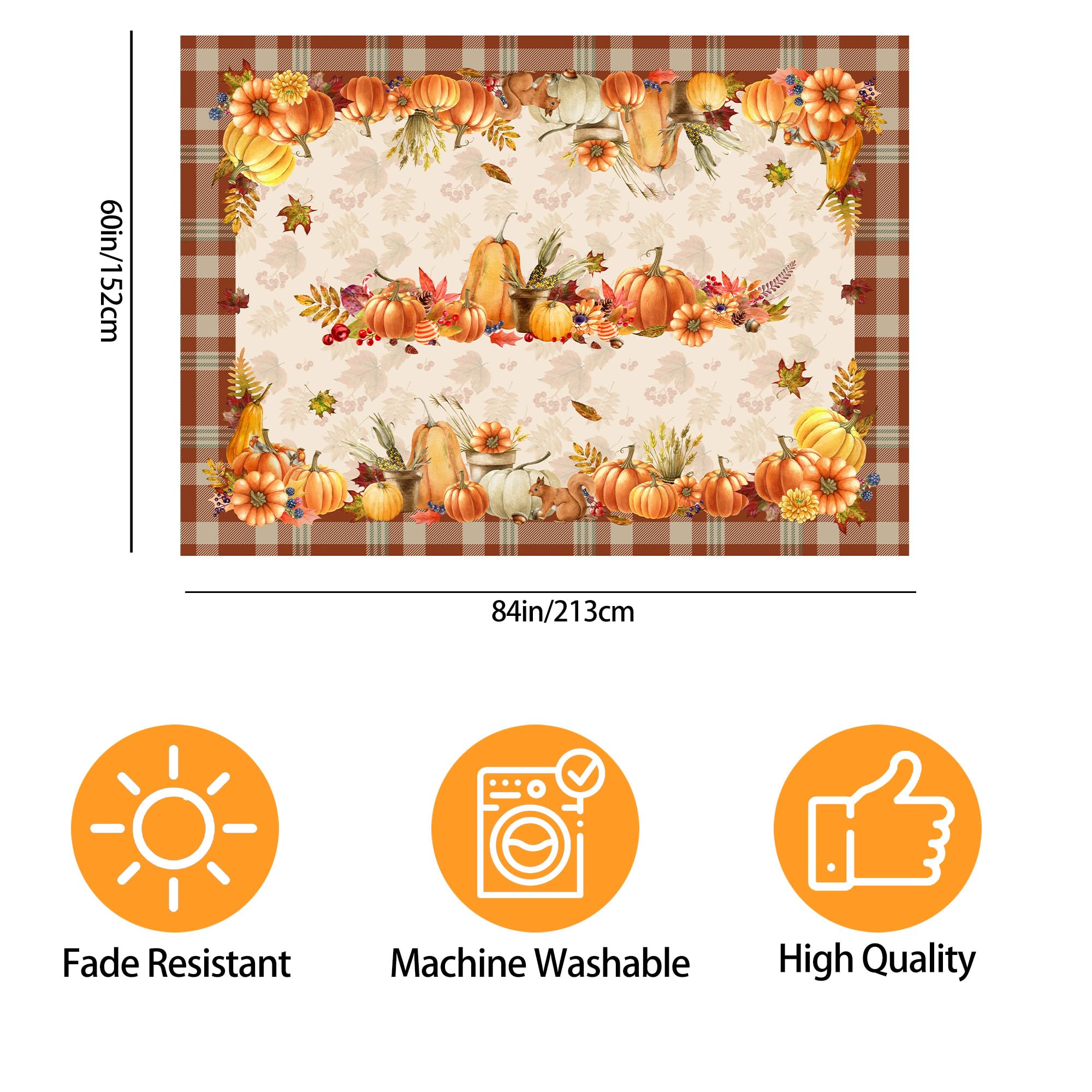 Hexagram Rectangle Thanksgiving Tablecloth with Countryside Leaves and Pumpkins Thankgiving Decorations, Printed Fall Tablecloth for Harvest, Thanksgiving Holiday and Parties Table Cover, 60x84 Inch